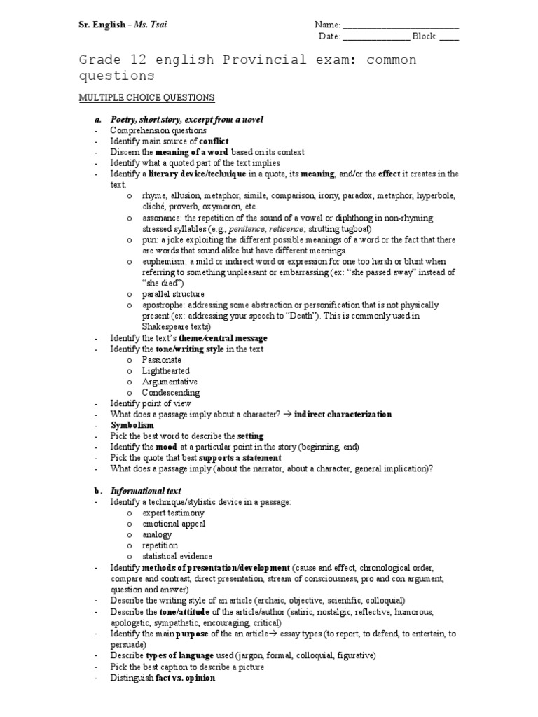 Grade 12 English Exam Prep Guide | PDF | Poetry | Essays