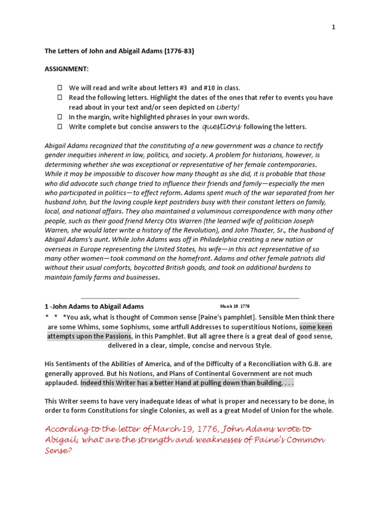 Letters of John and Abigail Adams Assignment 20132014 | PDF | Abigail ...