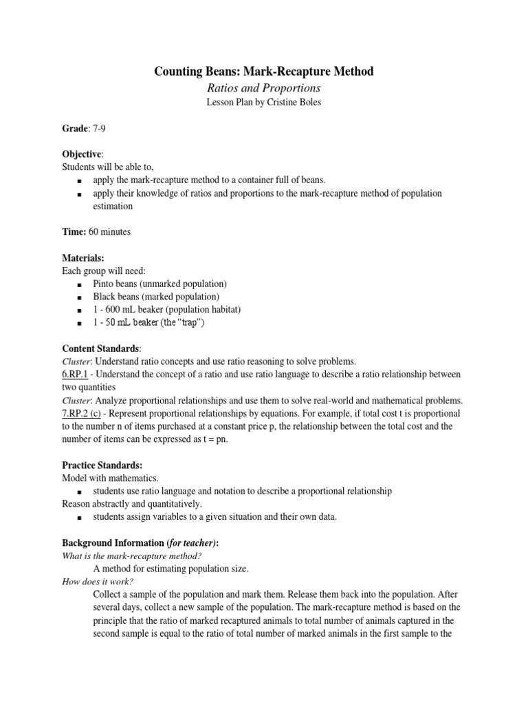 Mark-Recapture Method Lesson | PDF | Ratio | Statistics