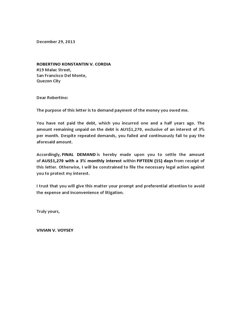 Demand Letter Payment of Obligation | PDF