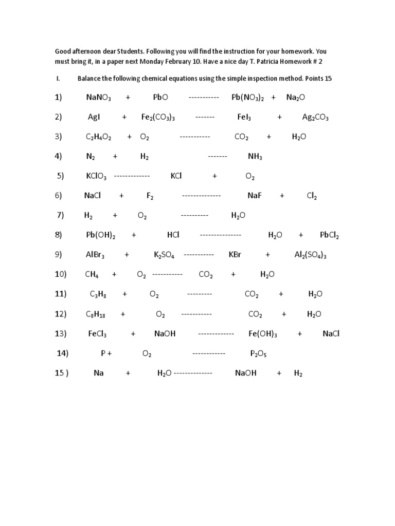 Balancing Chemical Equations Homework | PDF | Chloride | Calcium