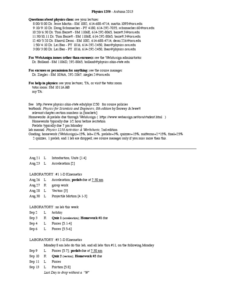 Physics 1250 Course Guide | PDF | Homework | Force