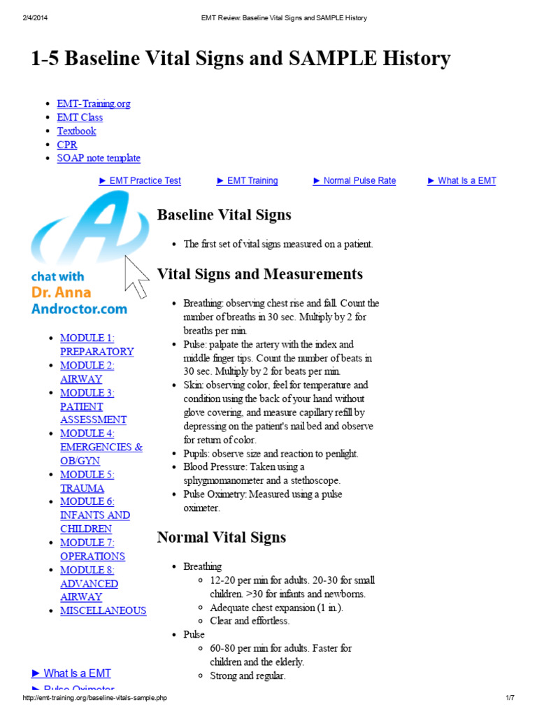 EMT Review - Baseline Vital Signs and SAMPLE History | PDF | Blood ...
