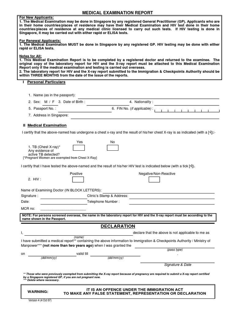 ICA MedicalExaminationReport Form | PDF | Diagnosis Of Hiv/Aids | Passport