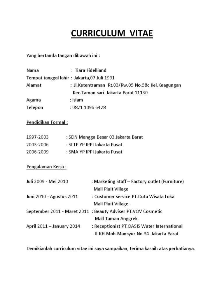 Curriculum Vitae Tiara Fidelli | PDF | Karier & Perkembangan