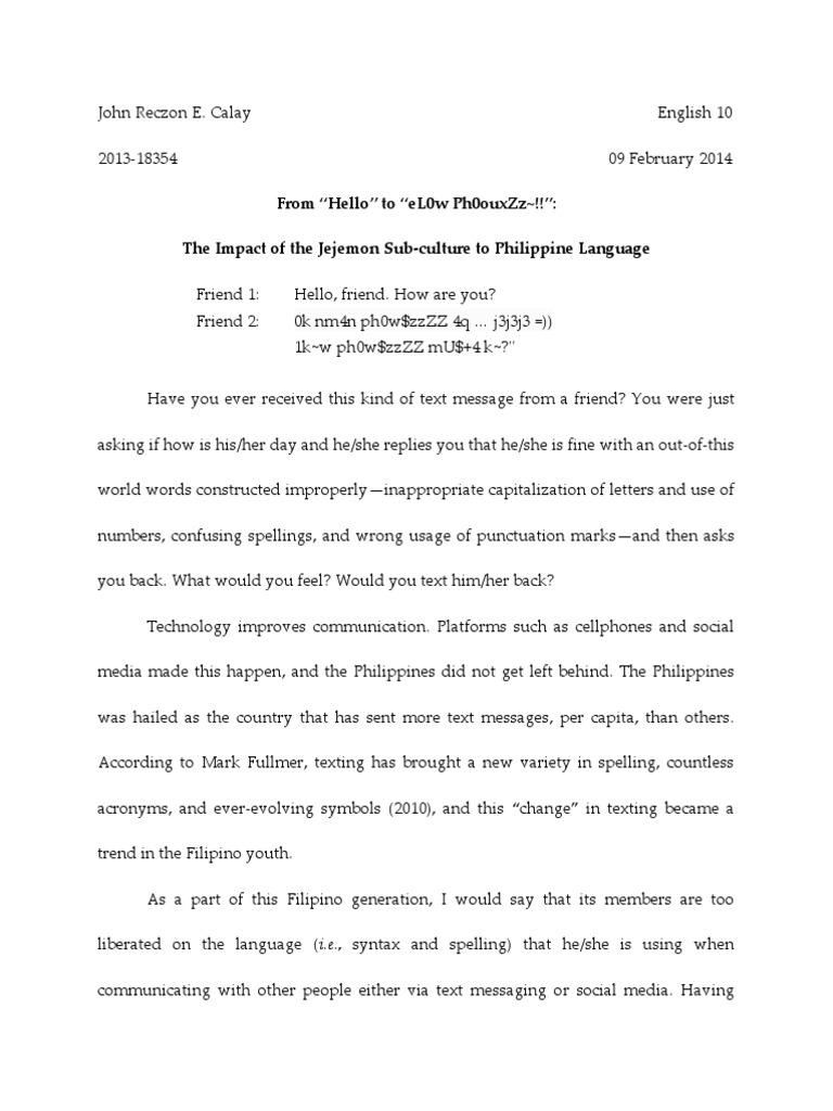 The Impact of The Jejemon Sub-Culture To Philippine Language | PDF ...