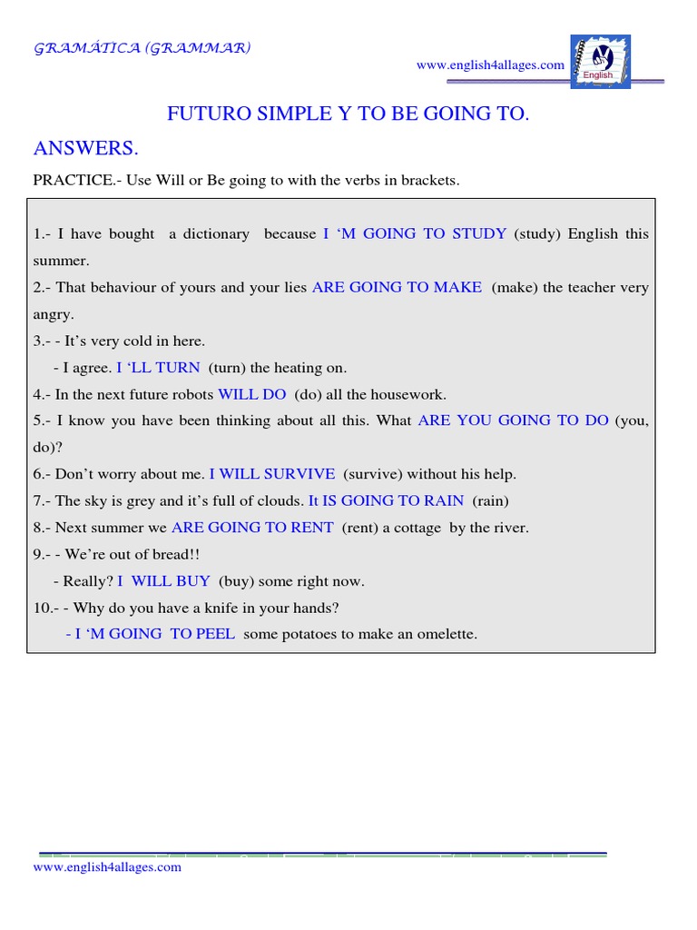 Future Simple vs. Be Going To Exercises | PDF | Language Arts & Discipline