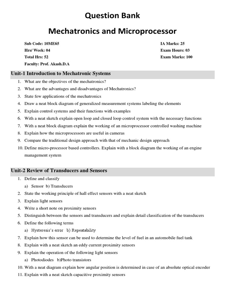 Question Bank Mechatronics and Microprocessor: Unit-1 Introduction To ...