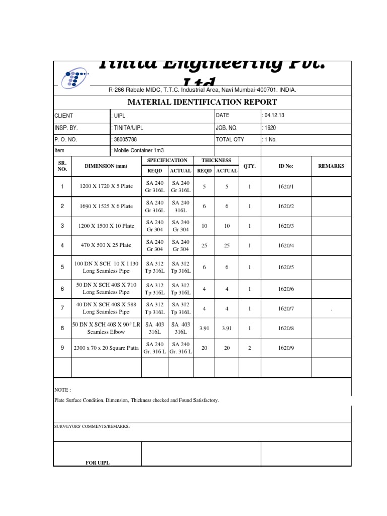 Material Identification Report | PDF