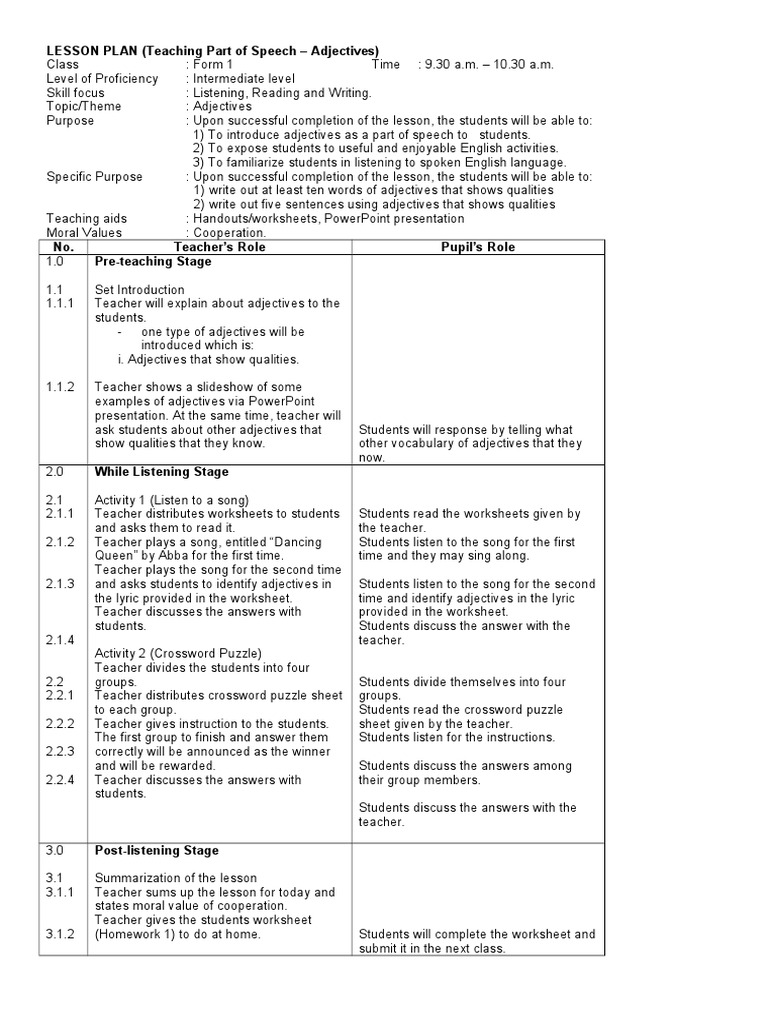 LESSON PLAN (Teaching Part of Speech - Adjectives) | PDF