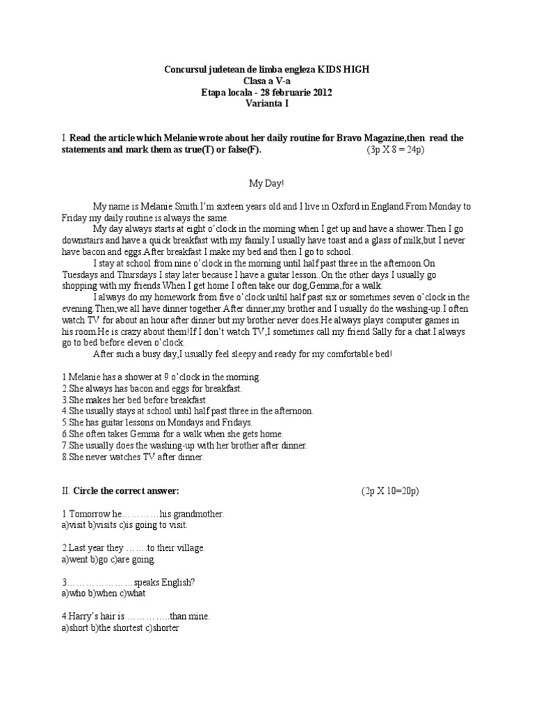 test engleza clasa 5