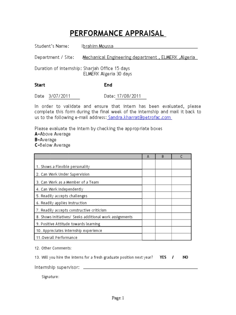 Intern Performance Appraisal | PDF
