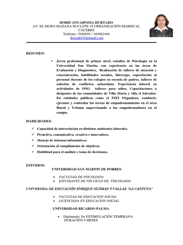 Doris Anyaipoma Hurtado Curriculum 2013 | PDF | Educación primaria | Evaluación