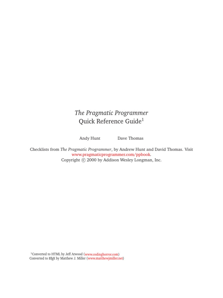 The Pragmatic Programmer: Quick Reference Guide | PDF | Software Bug ...