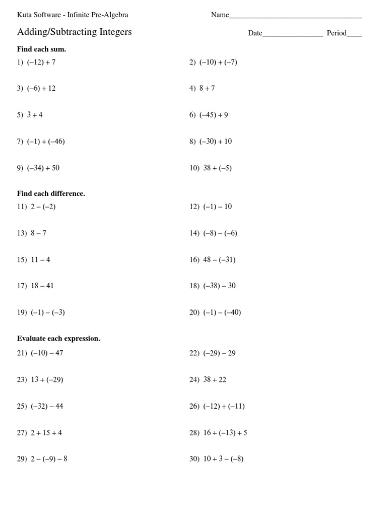 Adding and Subtracting Integers Worksheet | PDF