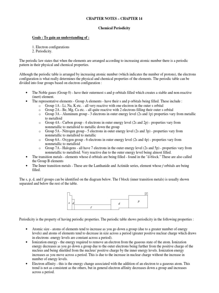 Chapter Notes - Chapter 14 Chemical Periodicity Goals: To Gain An ...