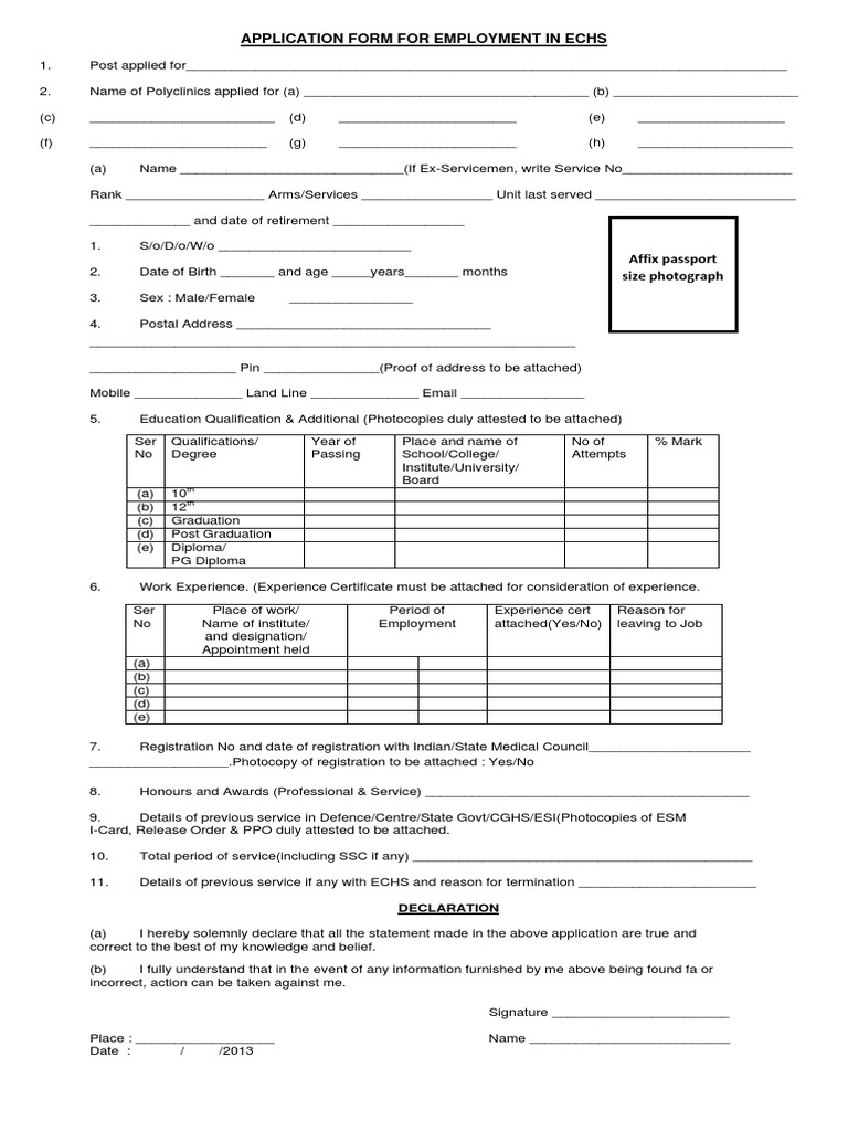 Application Form For Employment in Echs: Declaration | PDF | Diploma ...