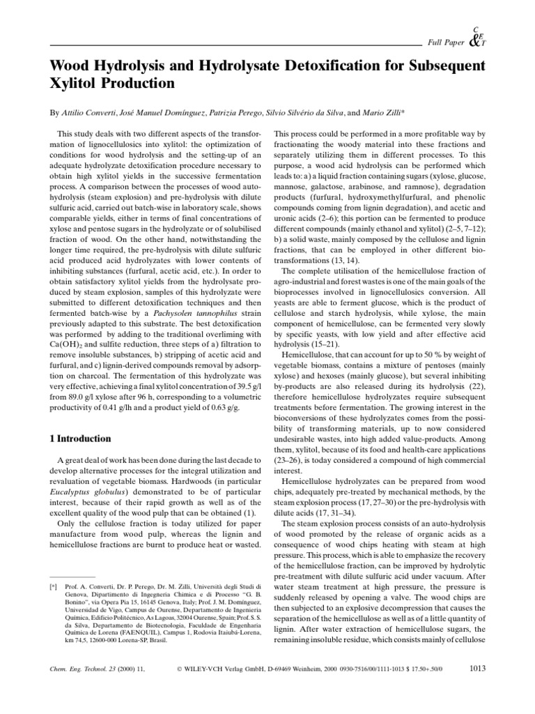 Wood Hydrolysis and Hydrolysate Detoxification For Subsequent Xylitol ...