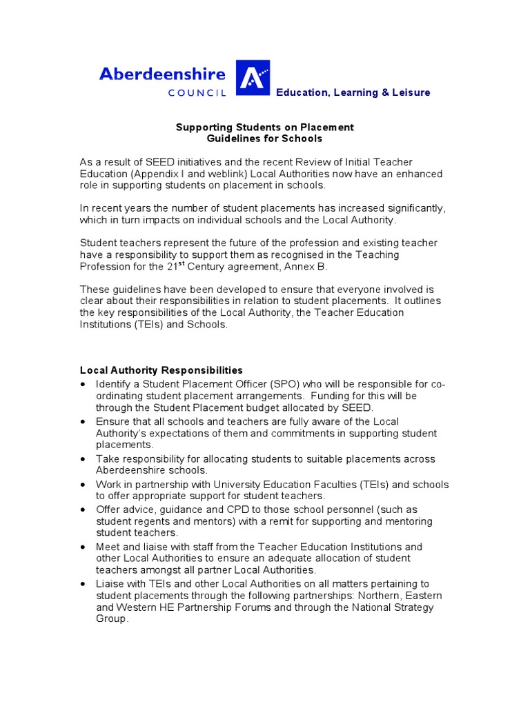 Student Placements Guidelines For Schools | PDF | Students | Teacher ...