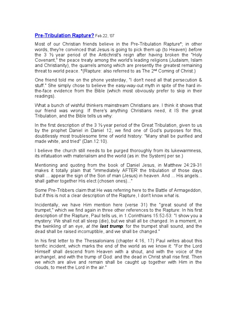 031 Pre Tribulation Rapture Pdf Rapture Great Tribulation