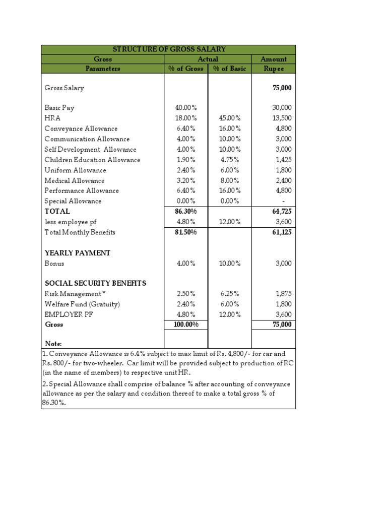 Gross Amount Parameters % of Gross % of Basic Rupee 75,000 Actual ...