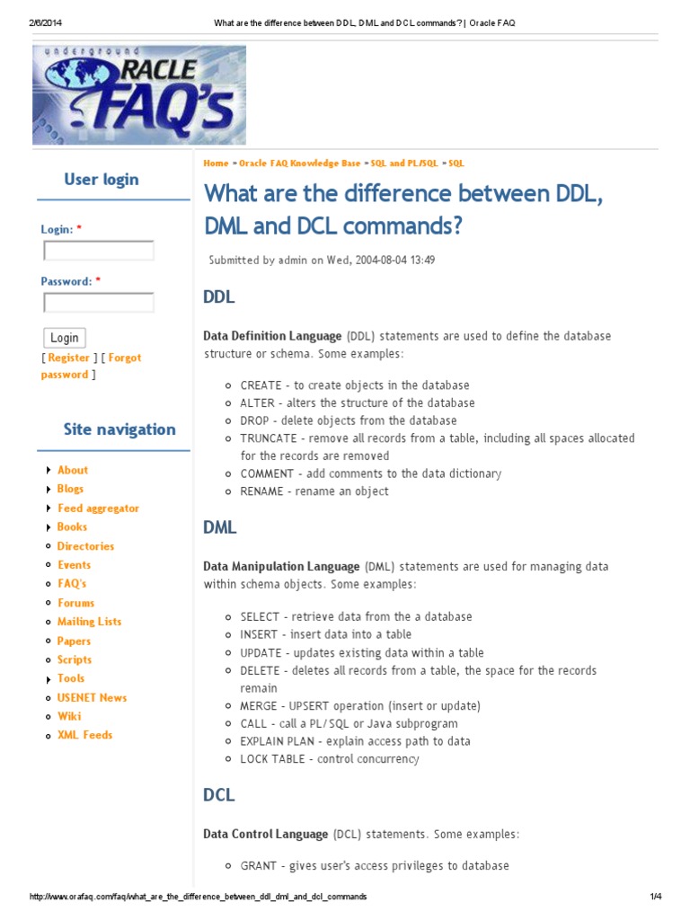 What Are The Difference Between Ddl Dml And Dcl Commands Oracle Faq Pdf Sql Databases
