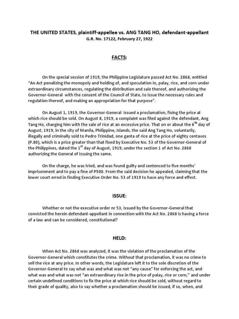 Usa vs. Ang Tang Ho, G. R. No. 17122, February 27, 1922, Digest ADMIN ...