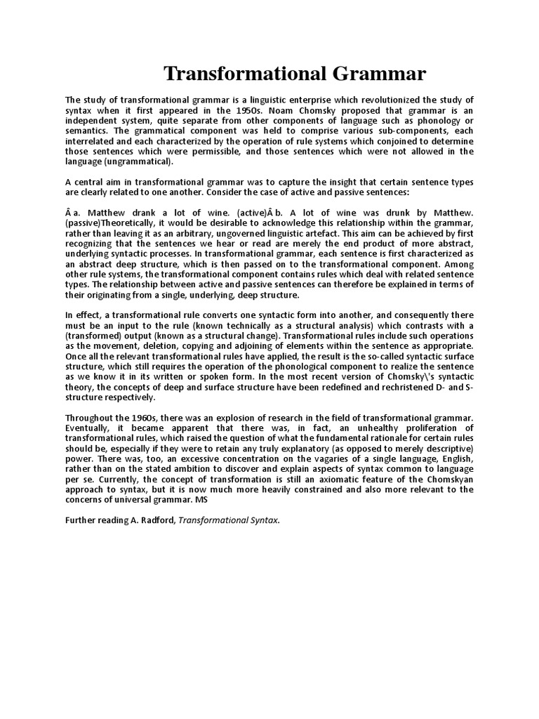 Transformational Grammar | Download Free PDF | Syntax | Style (Fiction)