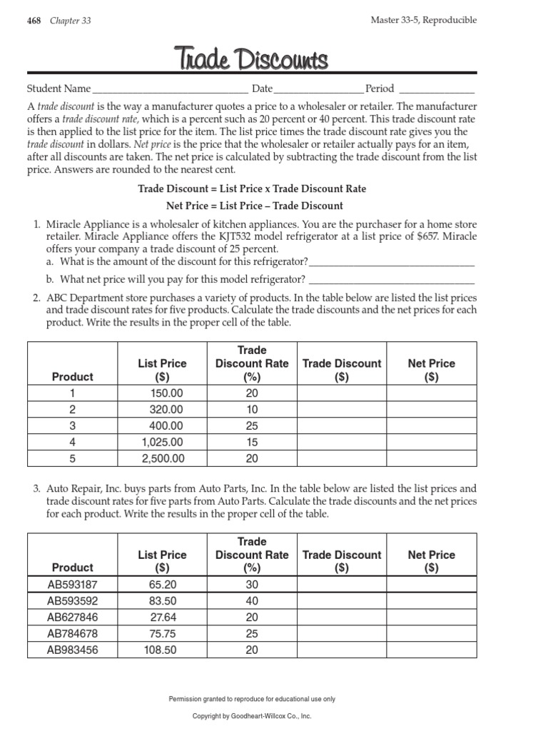 Trade Discounts - Worksheet | PDF | Business | Finance & Money Management