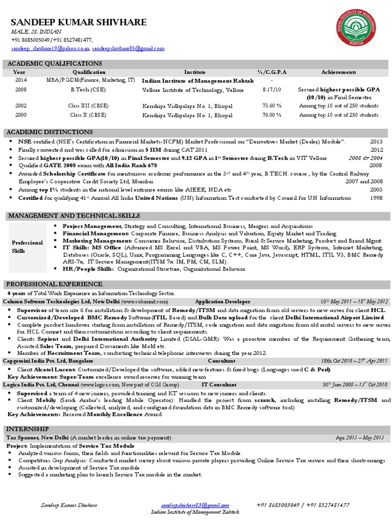 CV - Sandeep - Kumar - Shivhare - IIM-Rohtak - CSE&IT - 4 Years Exp | PDF | Master Of Business ...