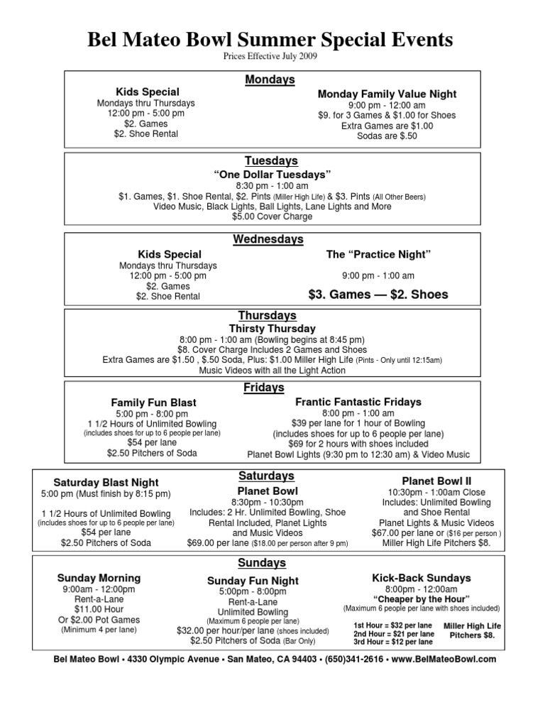Bel Mateo Bowl Weekly Specials & Events | PDF | Leisure | Business