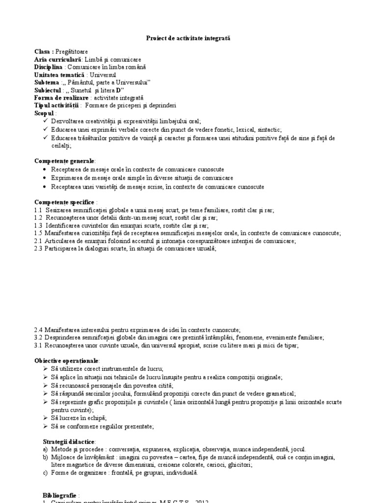 Proiect de Lectie Clasa Pregatitoare | PDF