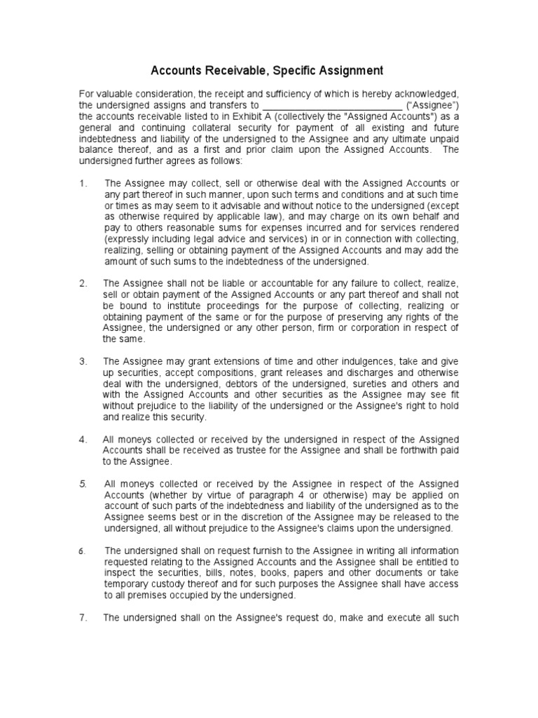 Accounts Receivable, Specific Assignment | PDF | Assignment (Law) | Banks