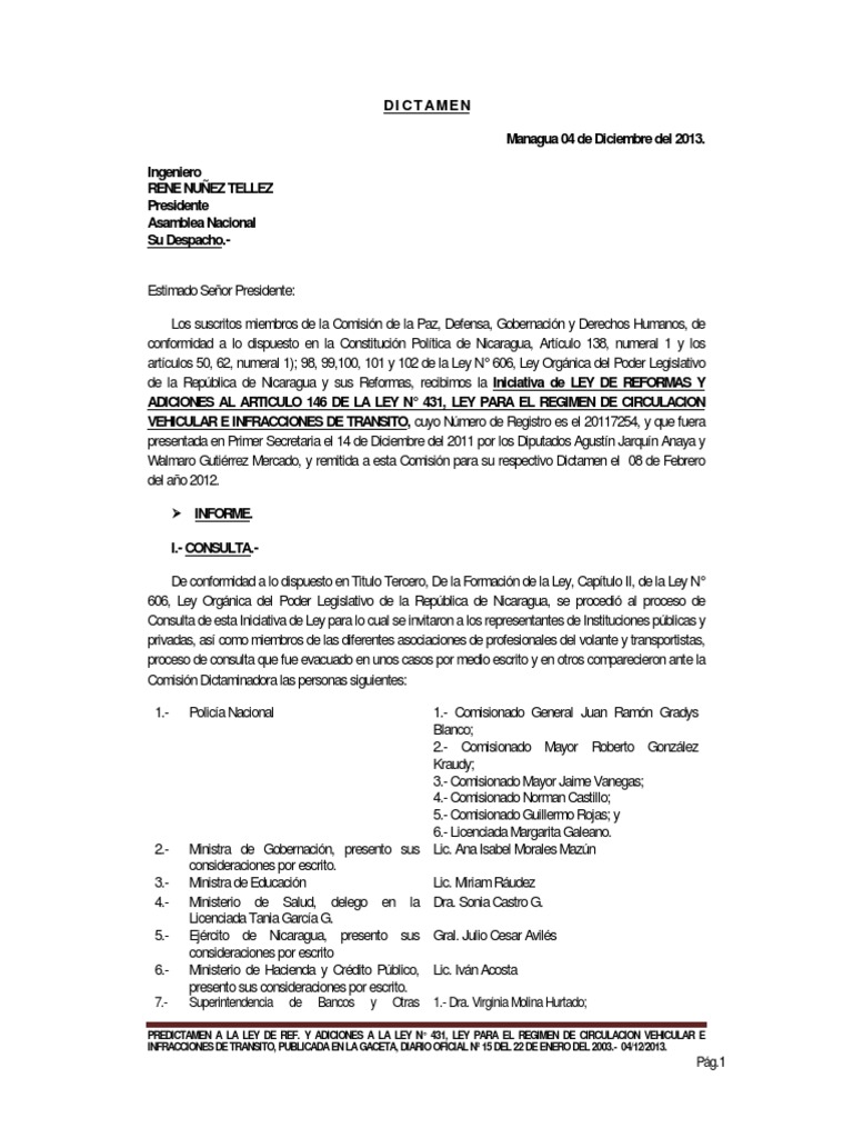 Ley de Reformas y Adiciones Al Artículo 146 de La Ley No. 431, Ley para ...