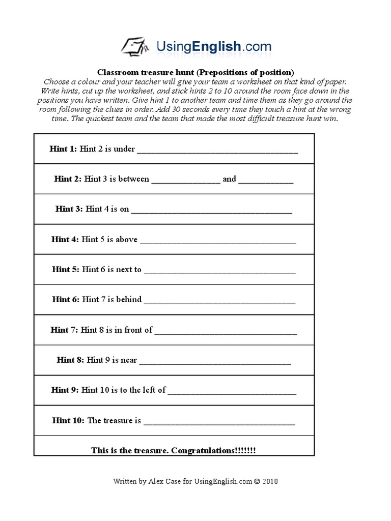 Preposition Scavenger Hunt Activity | PDF