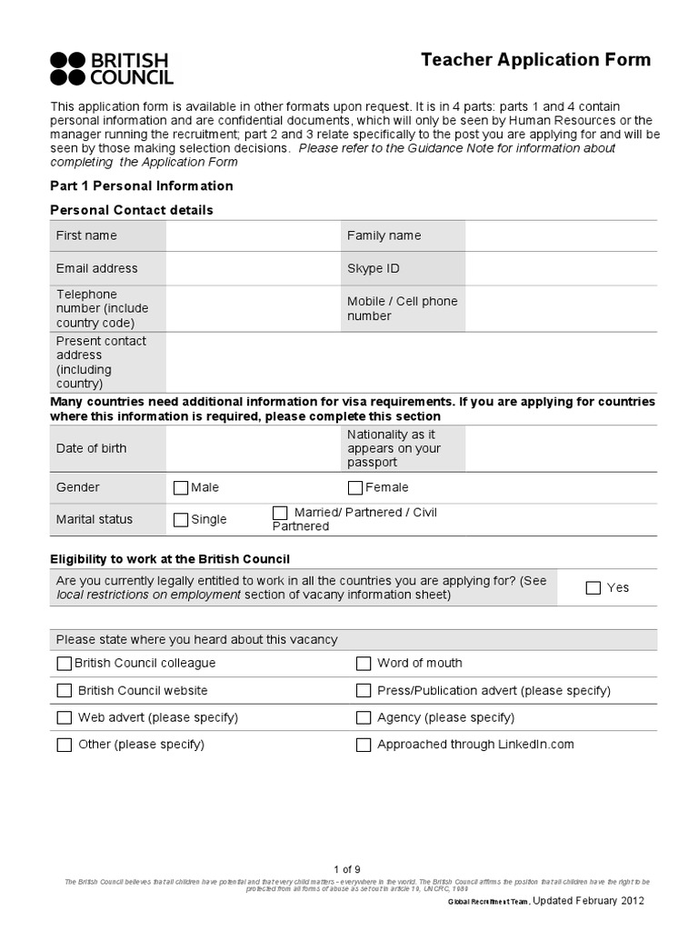 Teacher Application Form: Part 1 Personal Information Personal Contact ...