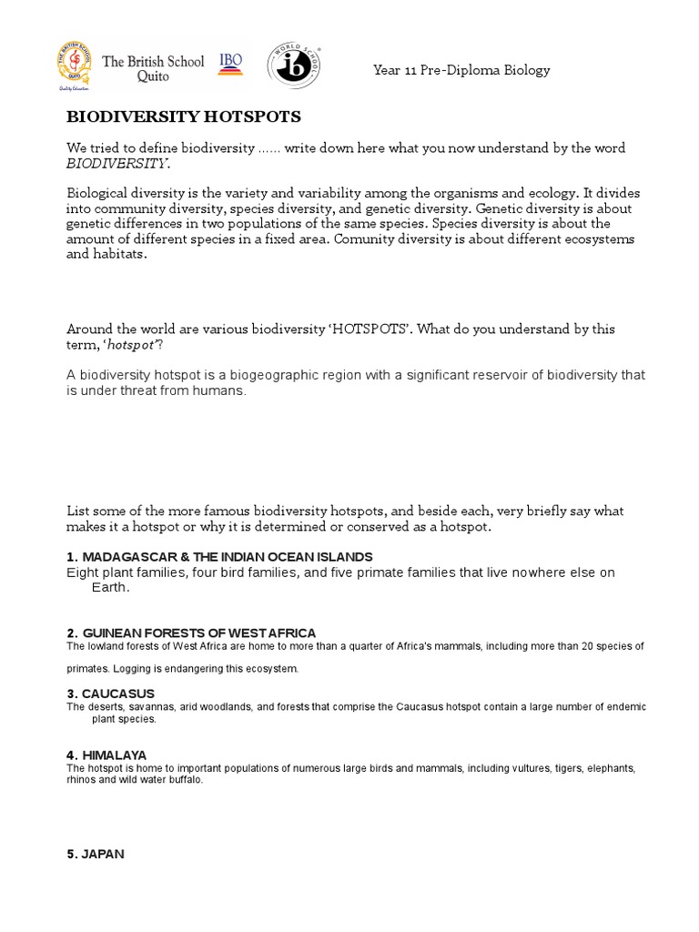 Hotspot Worksheet | PDF | Biodiversity | Forests