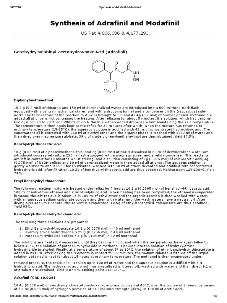 Synthesis of Adrafinil & Modafinil | PDF | Acid | Ethanol