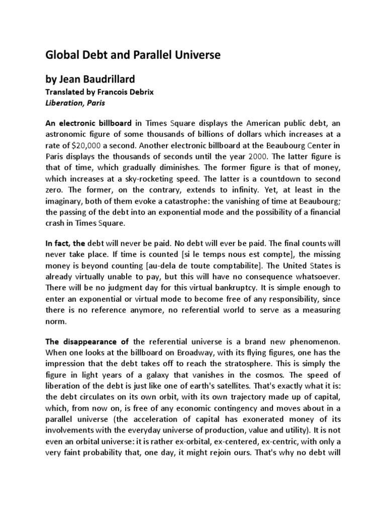Global Debt and Parallel Universe: by Jean Baudrillard | PDF ...