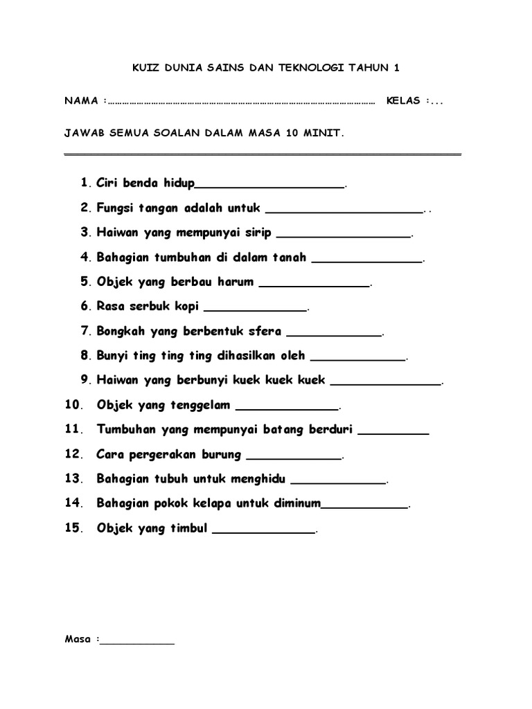 Kuiz Dunia Sains Dan Teknologi Tahun 1 | PDF