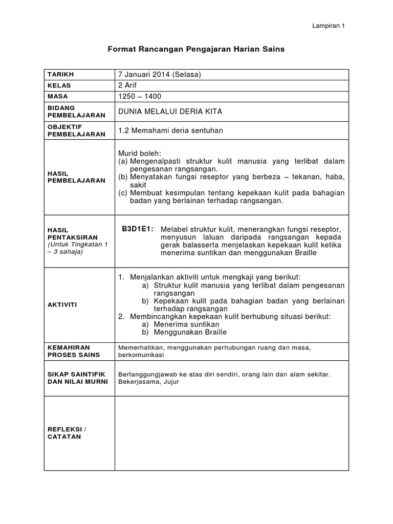 Format Rancangan Pengajaran Harian Sains | PDF