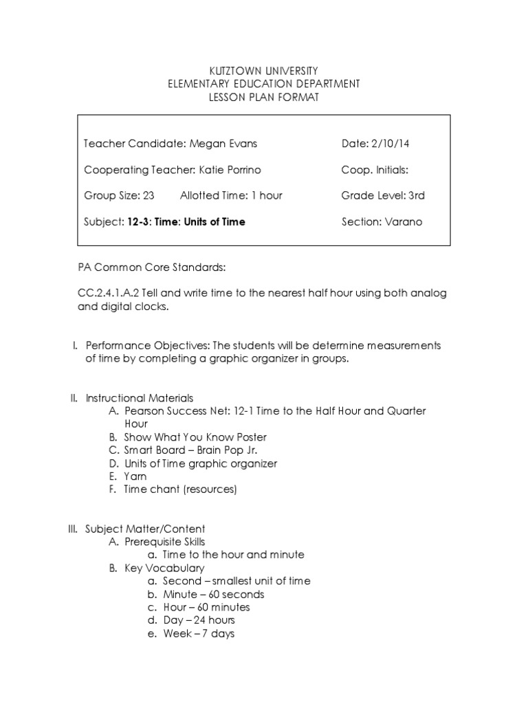 Units of Time Lesson | PDF | Lesson Plan | Education Theory