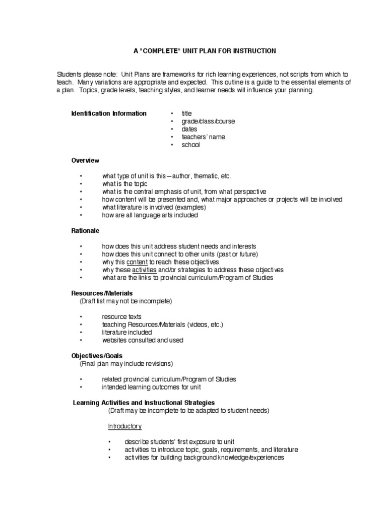 A Complete Unit Plan Organizer | PDF | Curriculum | Education Theory