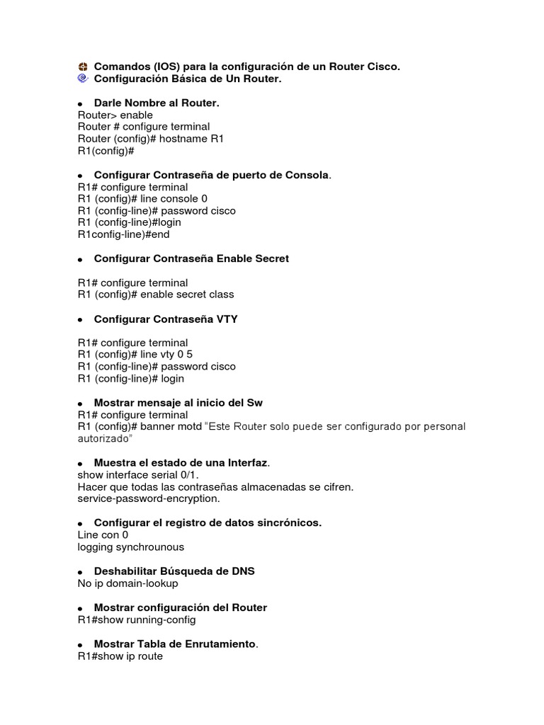 Comandos Ios para La Configuracion de Un Router | PDF | Enrutador (Computación) | Dirección IP