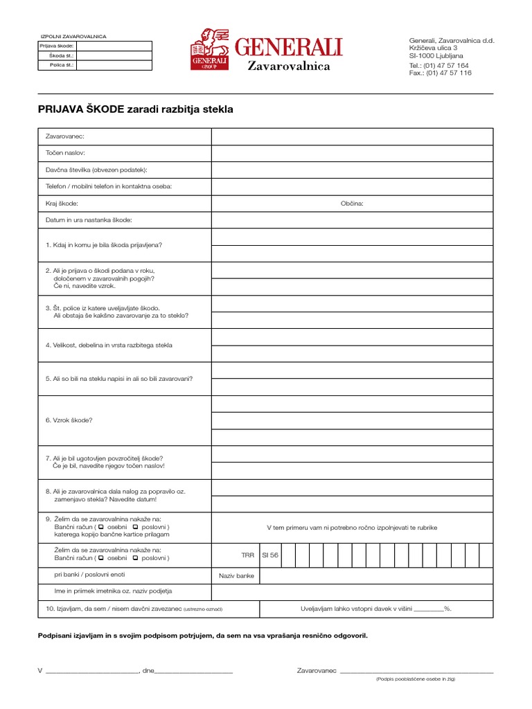 Generali Obrazec Prijava Skode Razbitje Stekla 11 | PDF