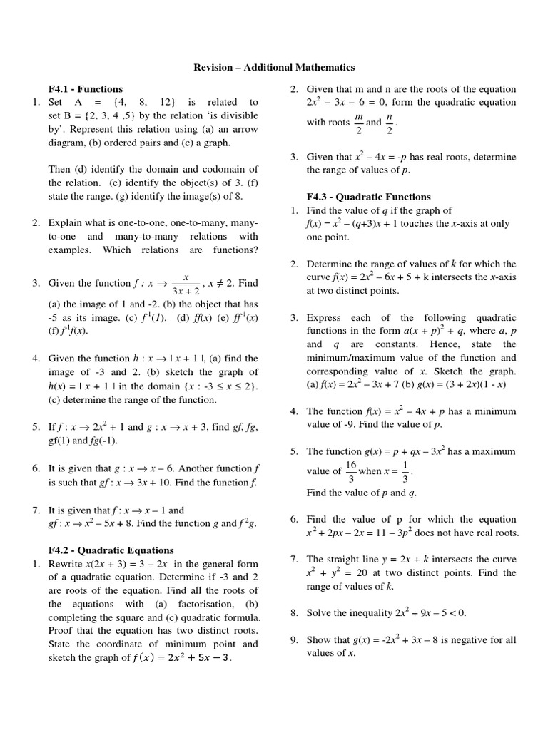 Form 4 Additional Mathematics Revision Questions | Quadratic Equation ... Form 4 Additional Mathematics Revision Questions | Quadratic Equation ...