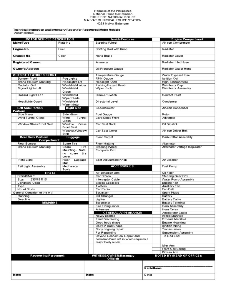 Sample Format of Technical Inspection For Vehicle | PDF