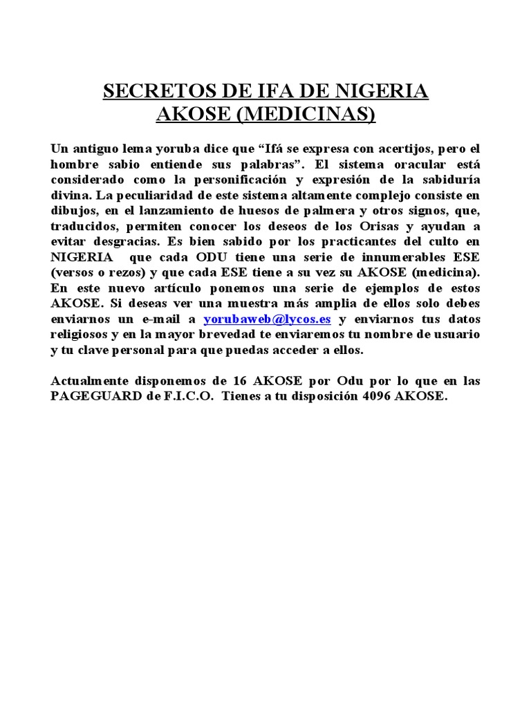 Secretos de Ifá de Nigeria: Akose (medicinas) tradicionales | PDF