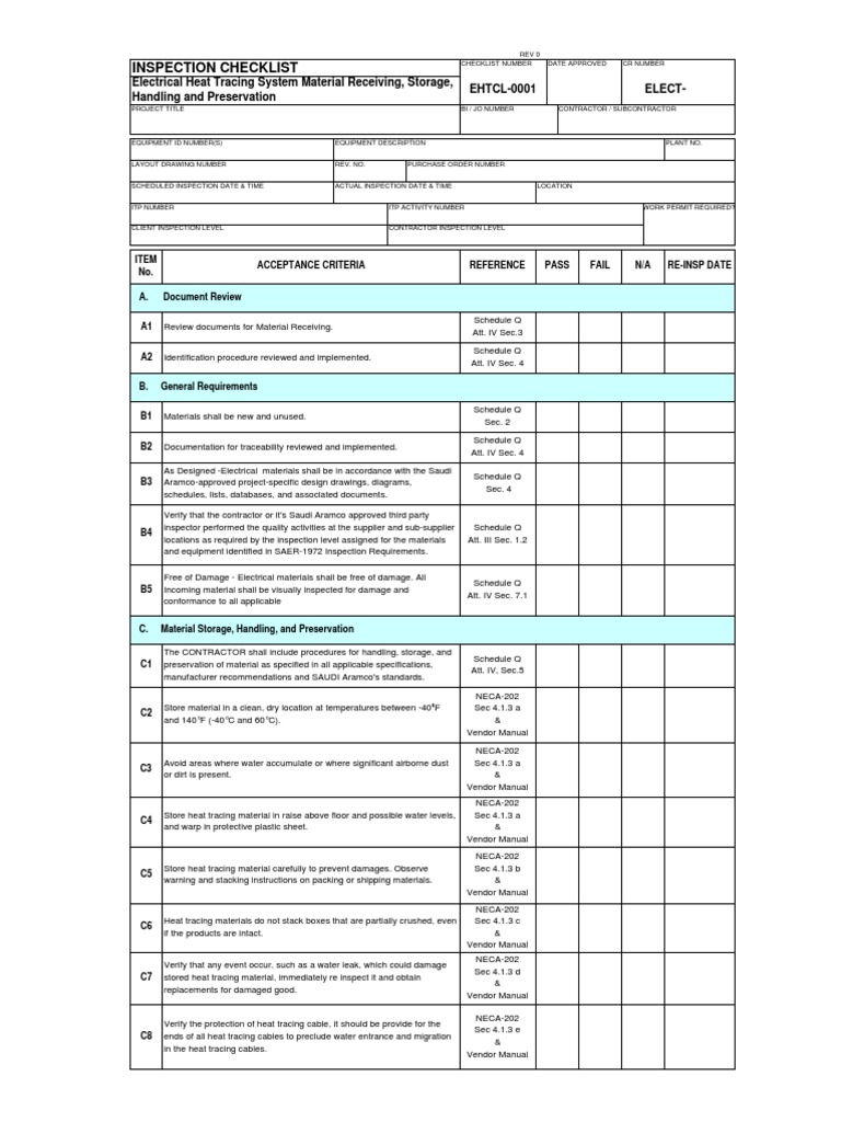 Inspection Checklist for the Material Receiving, Storage, Handling and ...