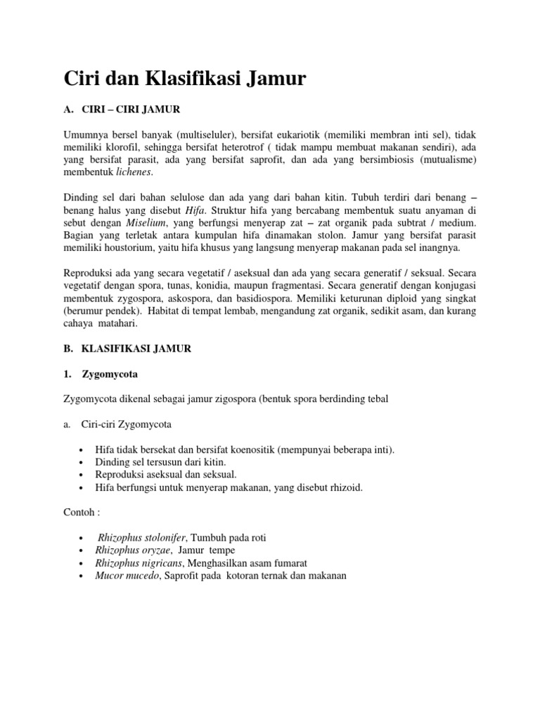 Ciri Dan Klasifikasi Jamur | PDF